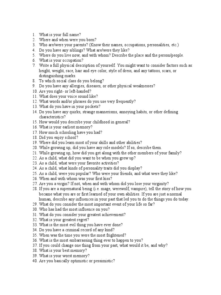 100 character creation questions | PDF | Psychology | Behavioural Sciences