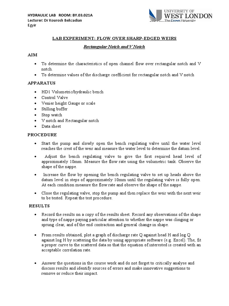 Flow Over Weirs Experiment-Specs and Procedure | PDF