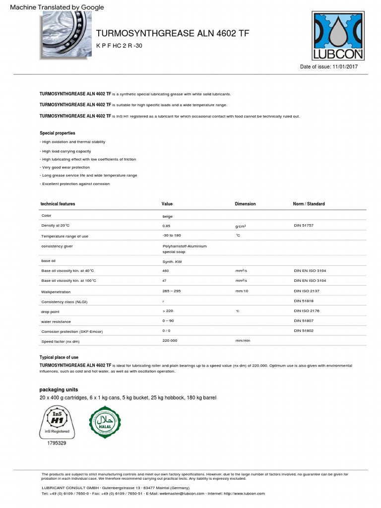 Lubcon Turmosynthgrease ALN 4602 TF | PDF | Lubricant | Materials Science