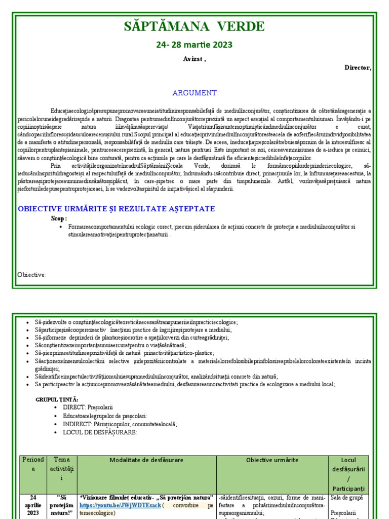 Planificare Saptamana Verde | PDF