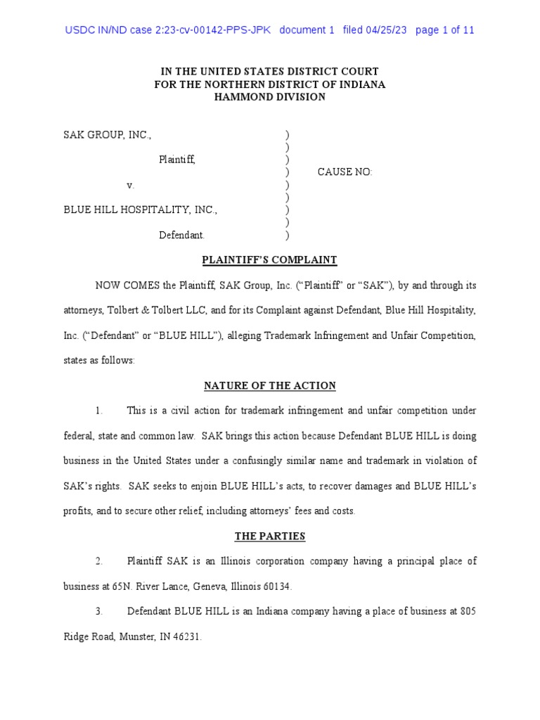 Sak Group Complaint | PDF | Complaint | Lanham Act