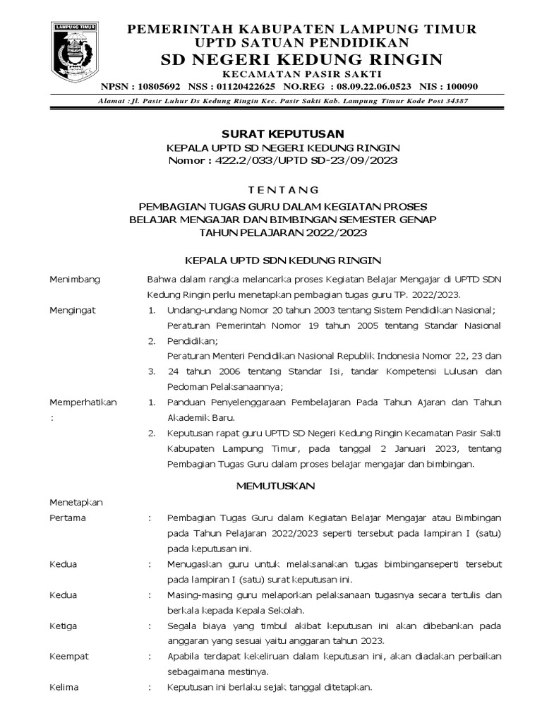 SK Pembagian Tugas SEMESTER GENAP 2022-2023 | PDF