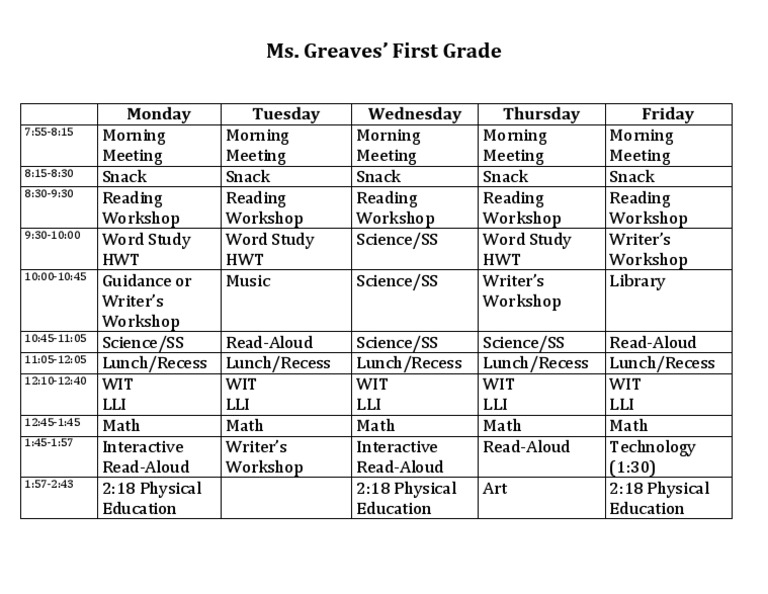 First Grade Weekly Schedule Overview | PDF | Language Arts & Discipline ...