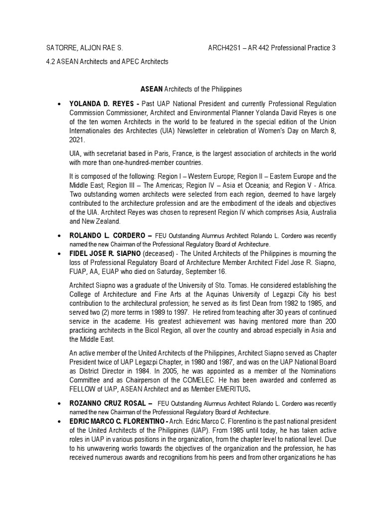 SATORRE ARCH42S1 PROFPRAC 4.2ASEANArchitectsAndAPECArchitects | PDF | Architect | Manila