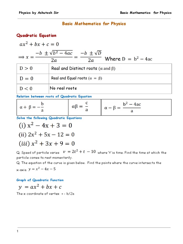Quadratic Equation: Basic Mathematics For Physics | PDF | Trigonometric ...