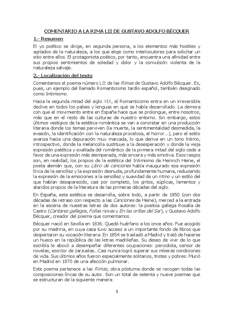 Comentario A La Rima Lii de Gustavo Adolfo Bécquer | PDF
