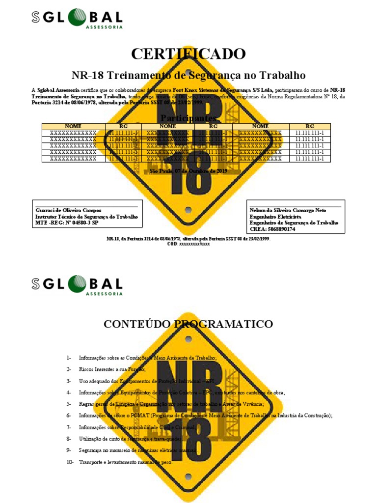 Modelo NR 18 | PDF | Segurança e saúde ocupacional | Engenheiro