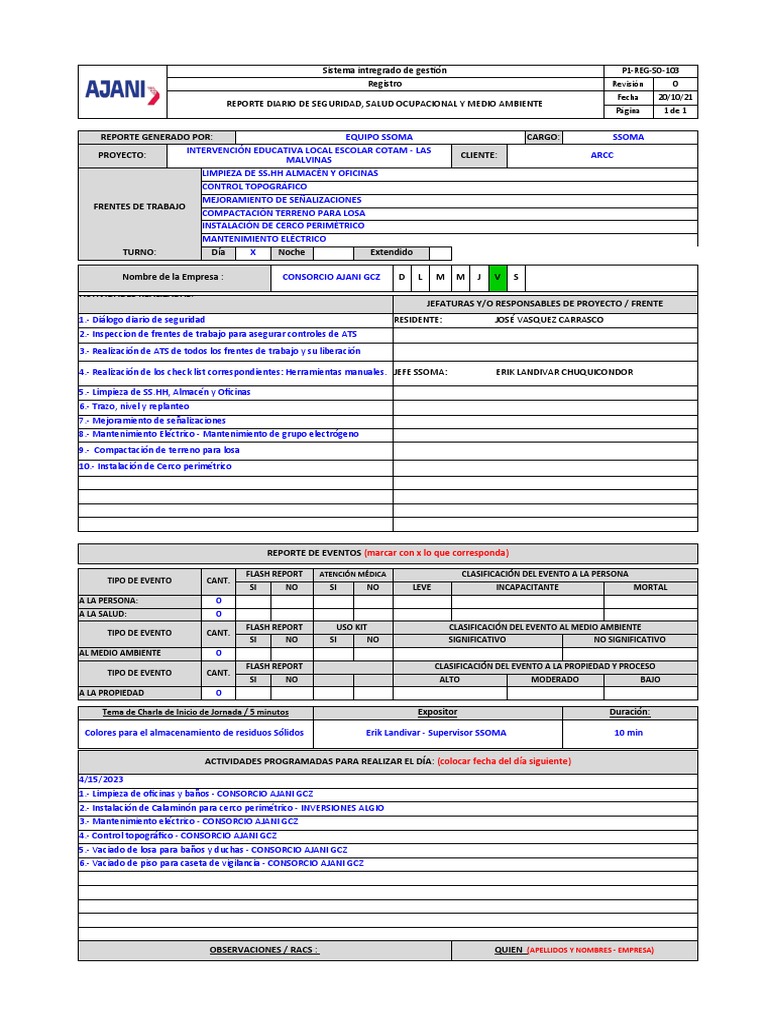 Reporte diario de seguridad, salud ocupacional y medio ambiente | PDF