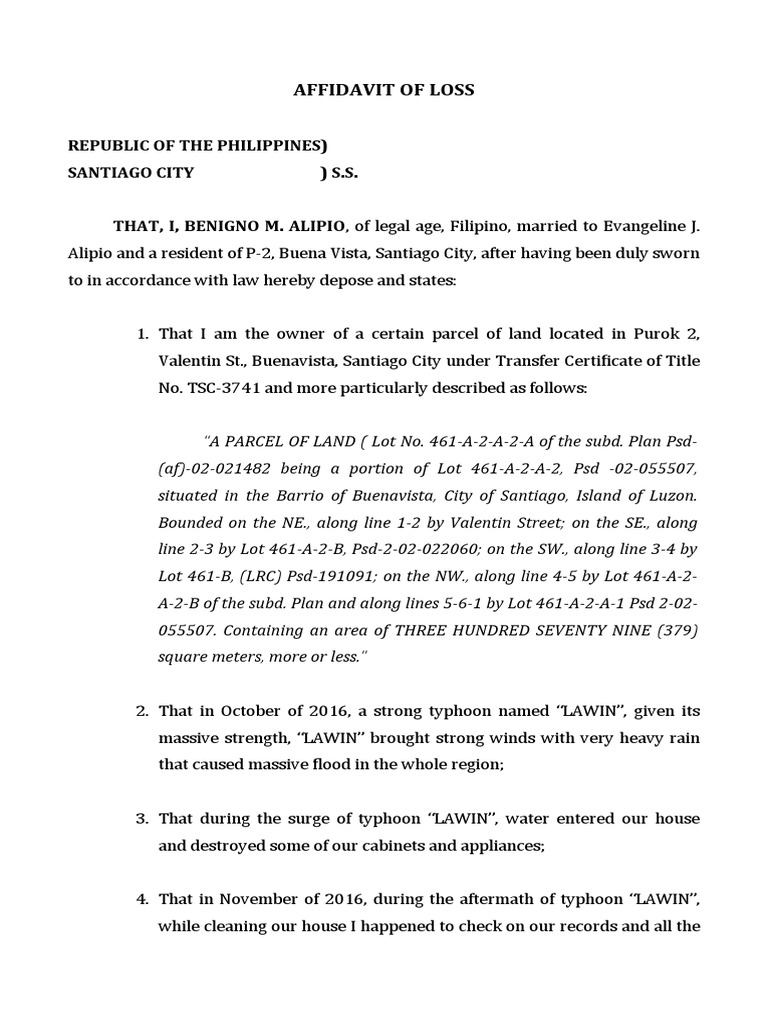 AFFIDAVIT OF LOSS Benigno Alipio For Reissuance | PDF | Affidavit ...