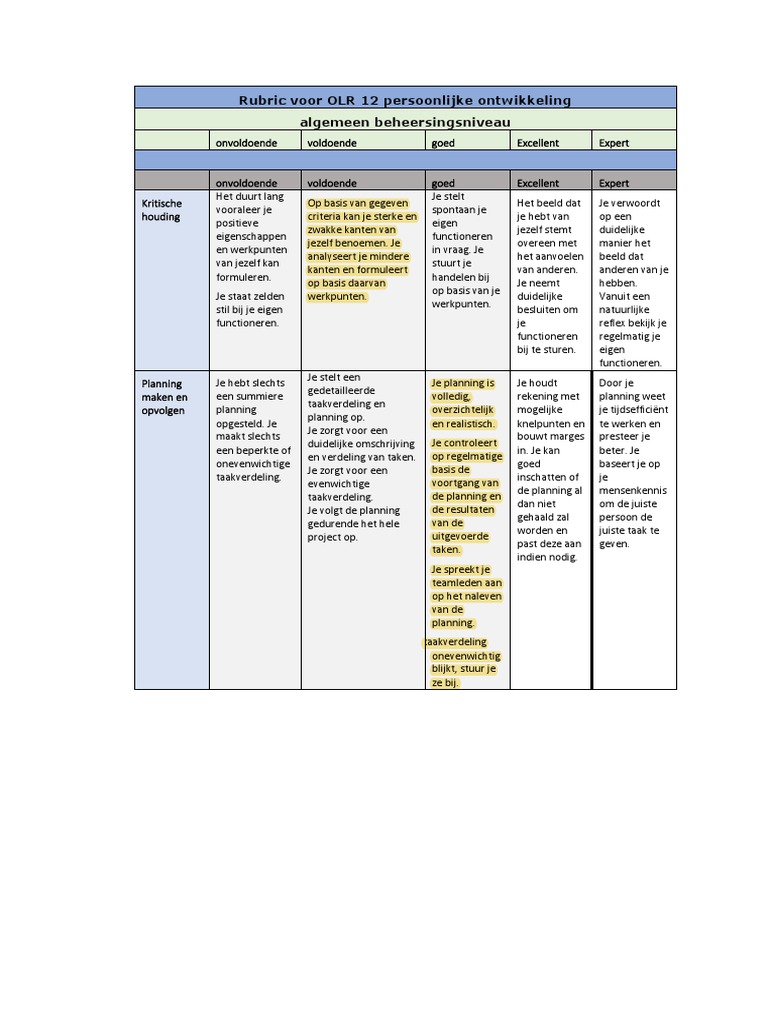 rubric voor olr 12 persoonlijke ontwikkeling | PDF