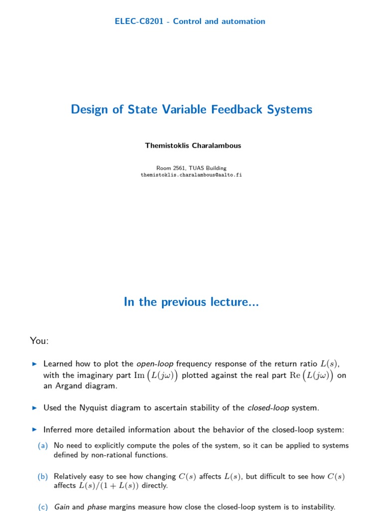 Design of State Variable Feedback Systems: ELEC-C8201 - Control and Automation | PDF | Control ...