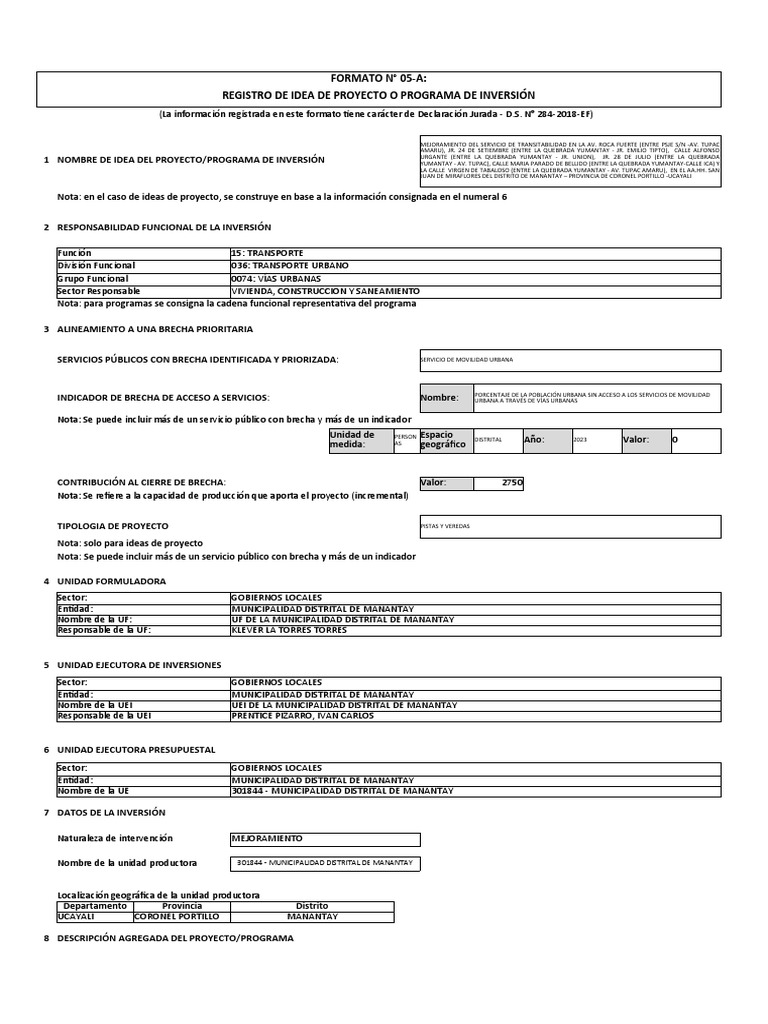 Formato #05-A: Registro de Idea de Proyecto O Programa de Inversión ...