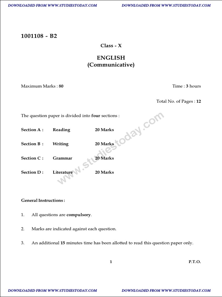 CBSE Class 10 English Communicative Sample Paper 2013 | PDF | Ebenezer ...