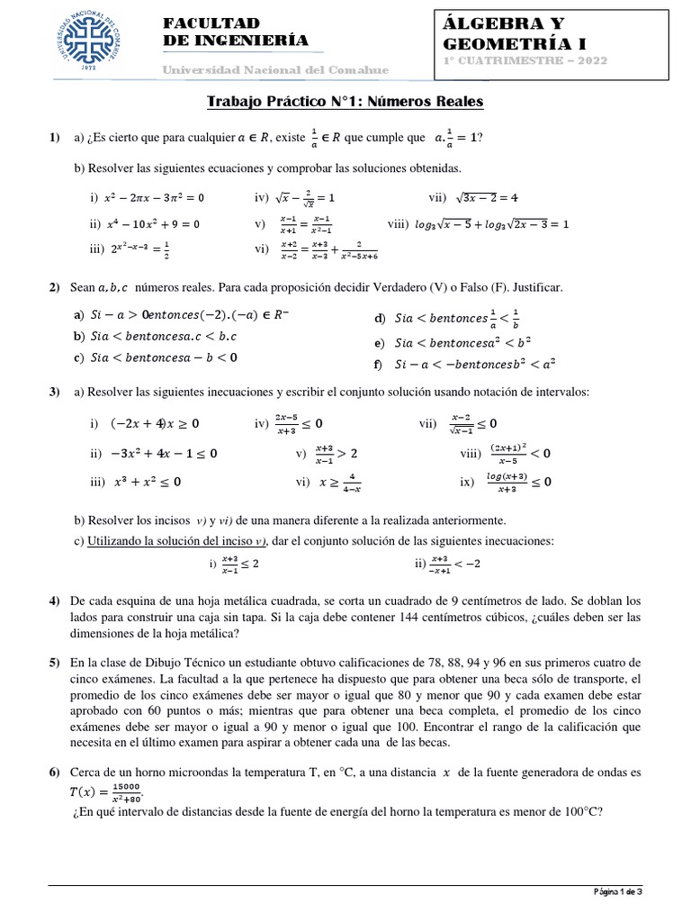 Práctico de Álgebra y Geometría | PDF | Intervalo (Matemáticas) | Ecuaciones