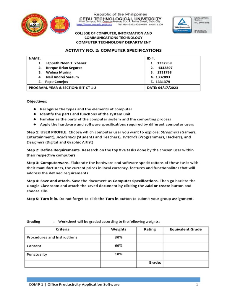 Activity 2 Computer Specifications | PDF | Usb | Software