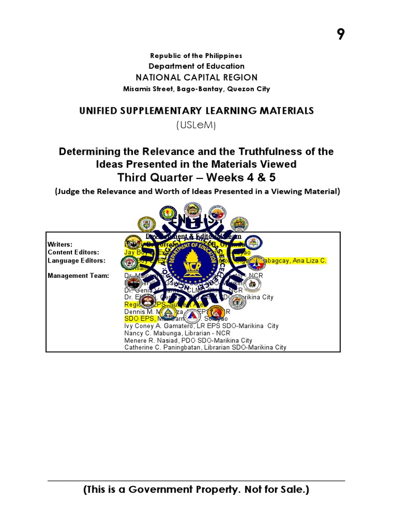 1 - Updated - VERSION 3 ENGLISH USLeM Grade 9 Week 4 5 - Q3 Final - Docx 1 | PDF | Bias ...