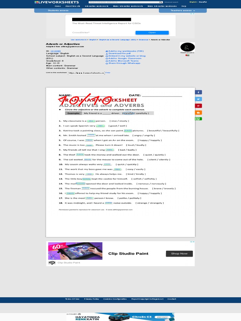 Adverb Or Adjective Worksheet Pdf English As A Second Or Foreign