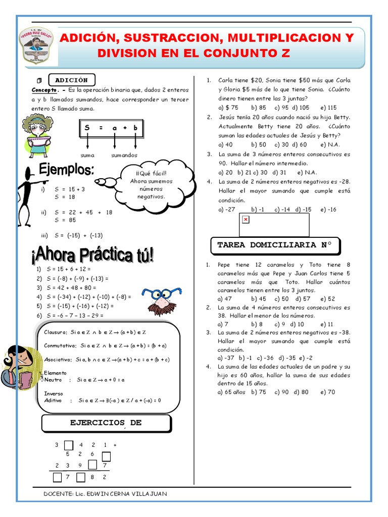 OPERACIONES CON NUMEROS ENTEROS | PDF