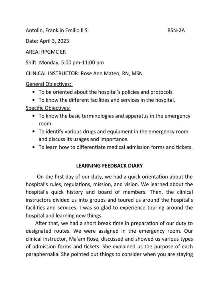 Learning Feedback Diary | PDF | Intravenous Therapy | Emergency Department