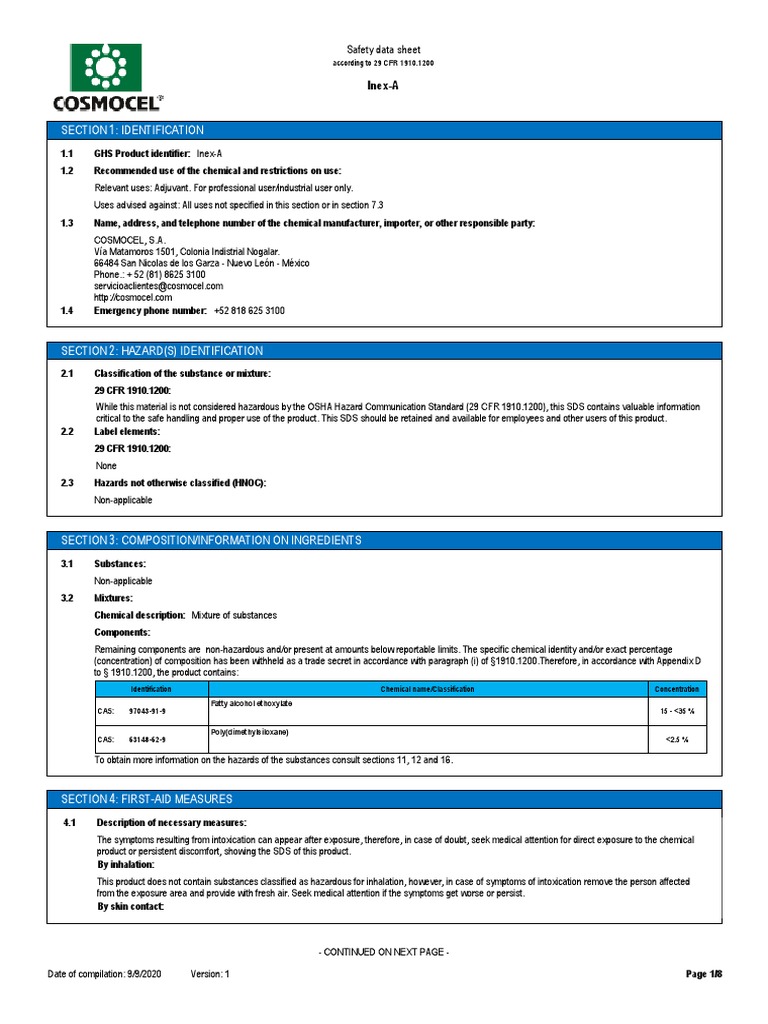 Safety Data Sheet of Inex-A | PDF | Personal Protective Equipment | Toxicity