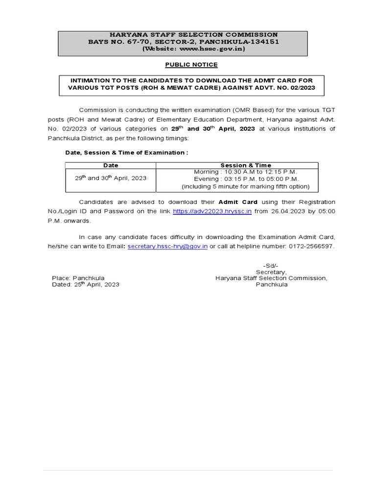 TGT Exam Admit Card Notice | PDF