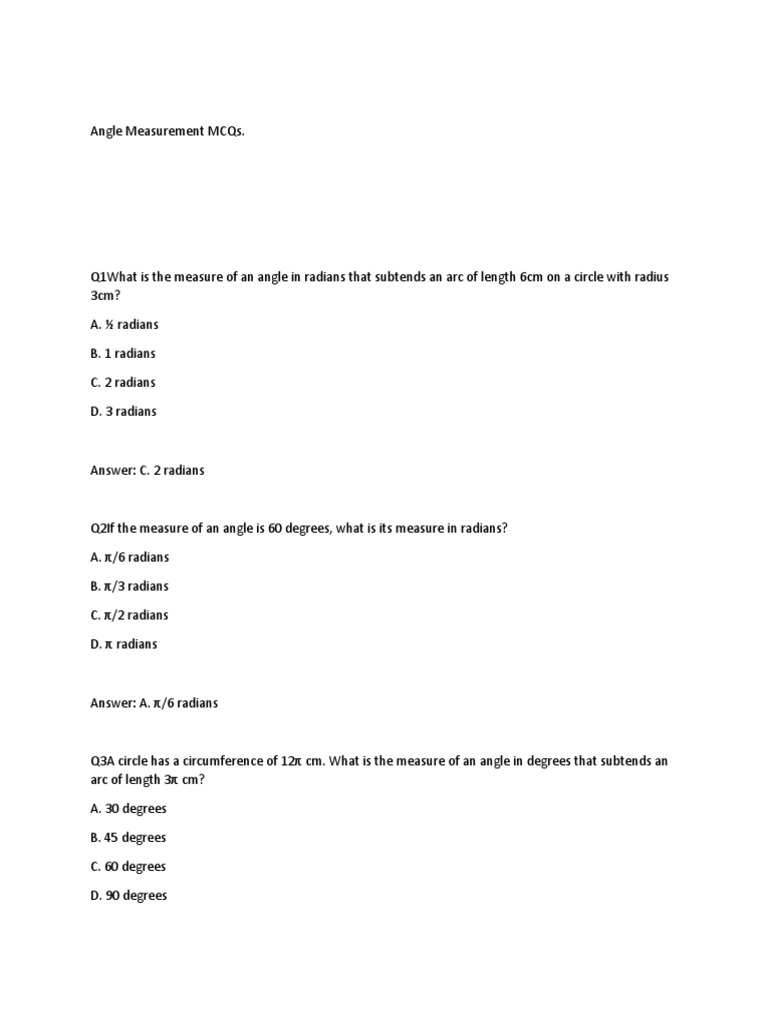Angle Measurement MCQs in Radians and Degrees | PDF