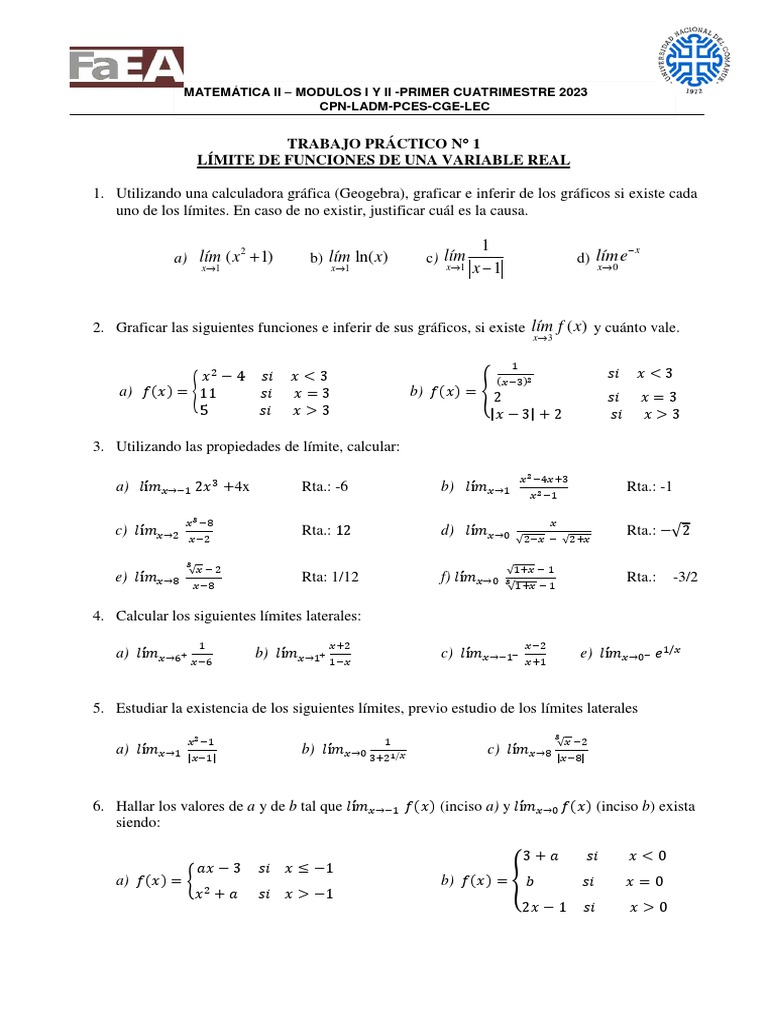 X Lím Lím X Lím X: Trabajo Práctico N 1 Límite de Funciones de Una Variable Real | PDF ...