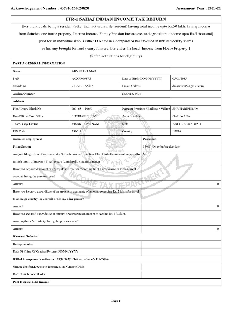 ITR-1 Acknowledgement for Salaried Individual | PDF | Pension | Tax ...
