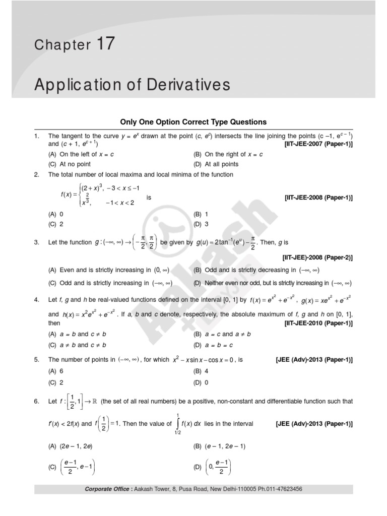 Application of Derivatives: Only One Option Correct Type Questions | PDF | Maxima And Minima ...