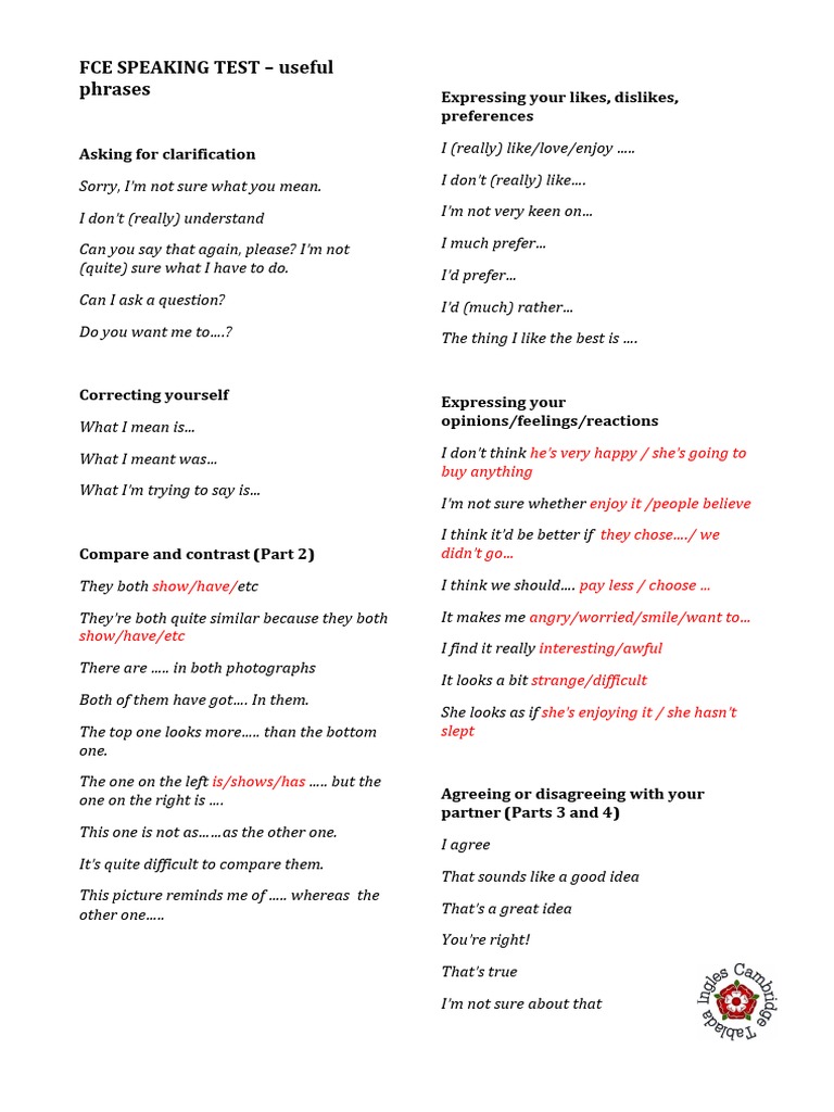 FCE - SPEAKING - Useful Phrases | PDF