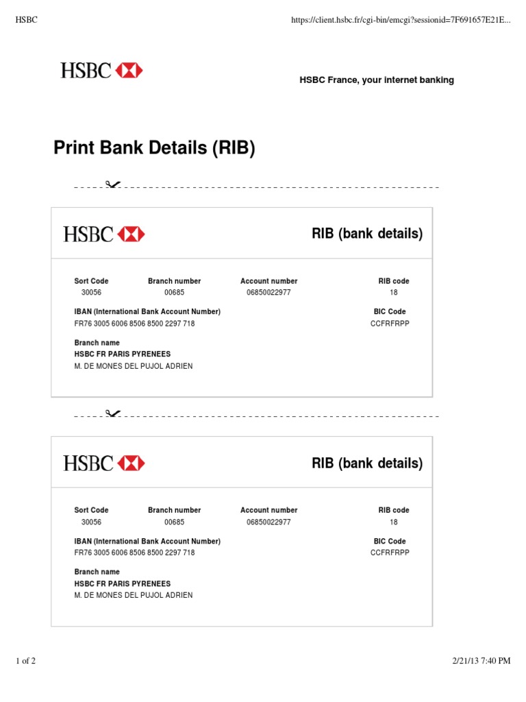 HSBC France Online Banking RIB Details | PDF