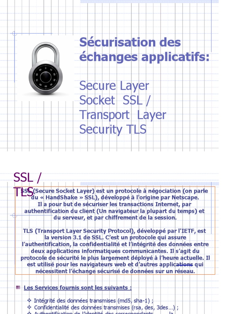 Sécurisation Des Échanges Applicatifs:: Secure Layer Socket SSL / Transport Layer Security TLS ...