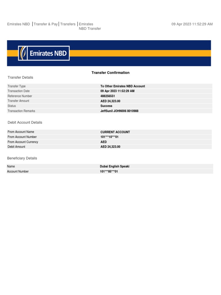 Transfer Confirmation for AED 24,323 from a Current Account to another ...