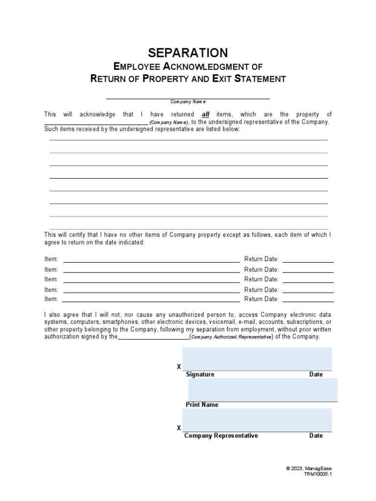 Acknowledgment of Return of Property and Exit Statement | PDF