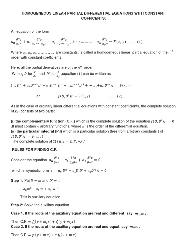 Homogeneous Linear Partial Differential Equations With Constant Cofficents Pdf Ordinary
