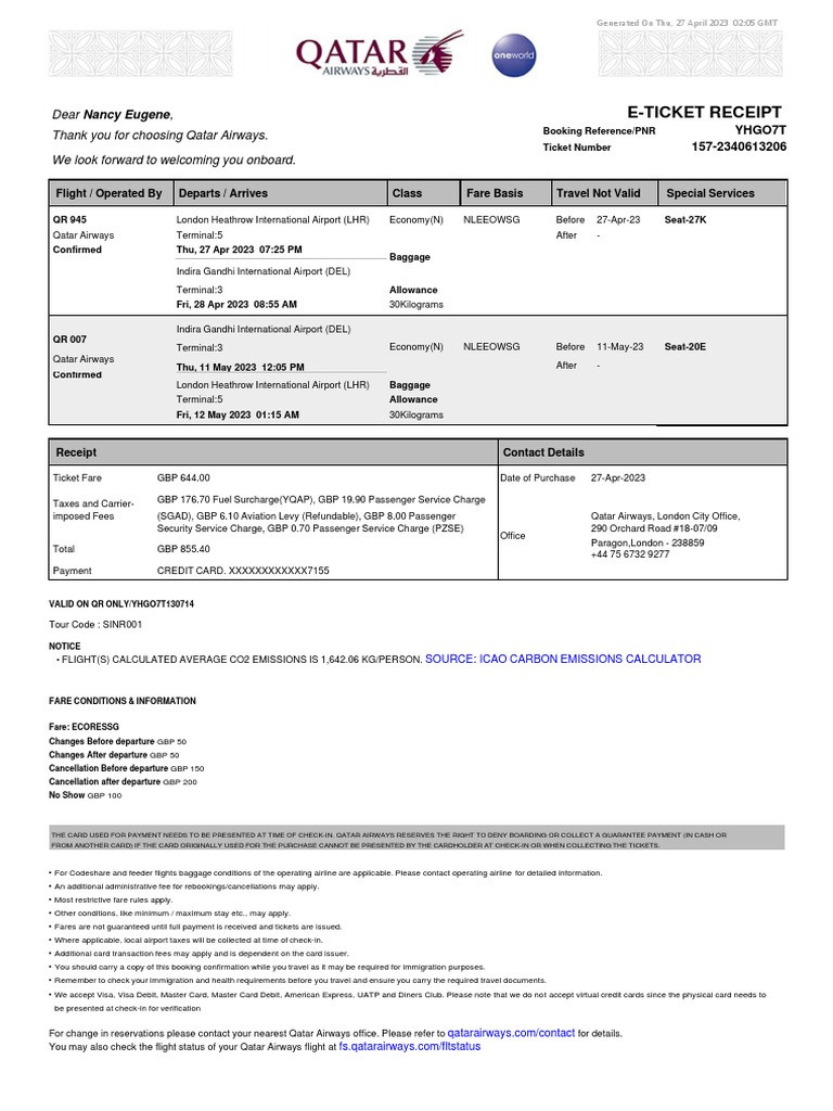 E-Ticket Receipt: Dear Nancy Eugene, Thank You For Choosing Qatar ...