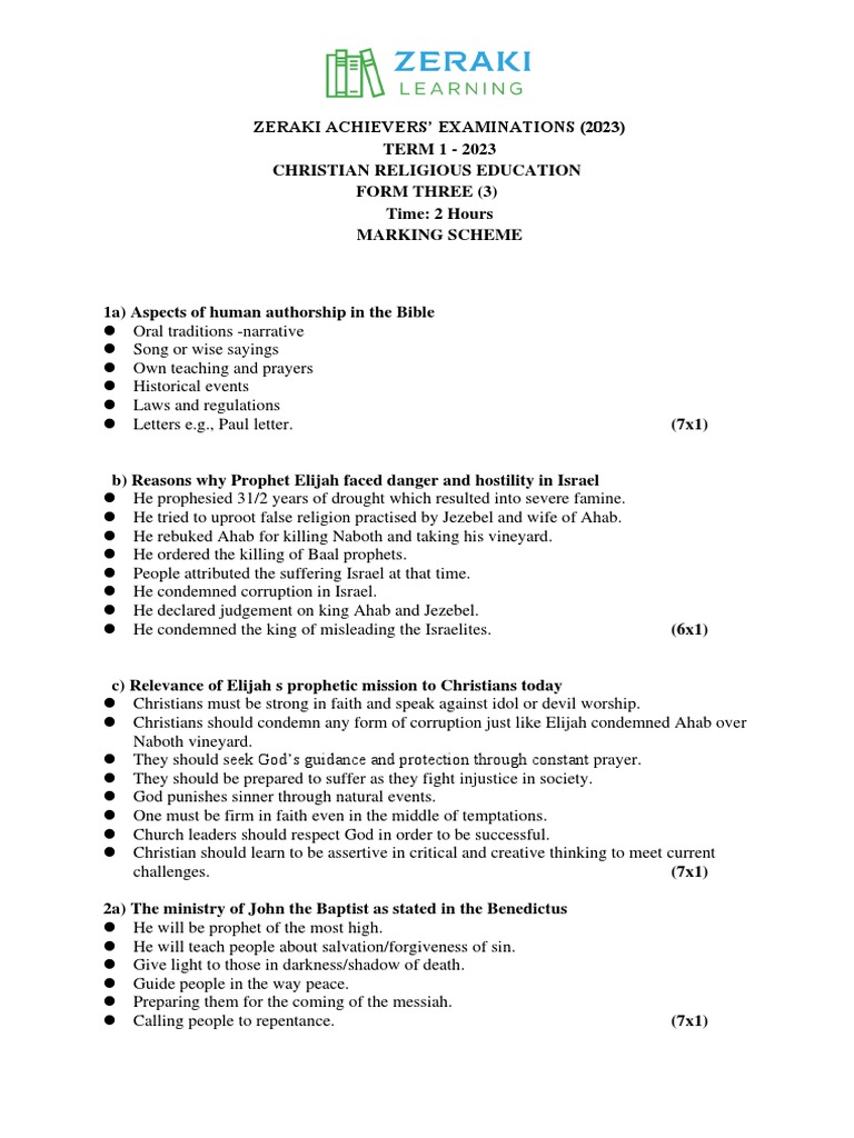 C.R.E. - C.R.E Form 3 - Question Paper | PDF | Jesus | Elijah