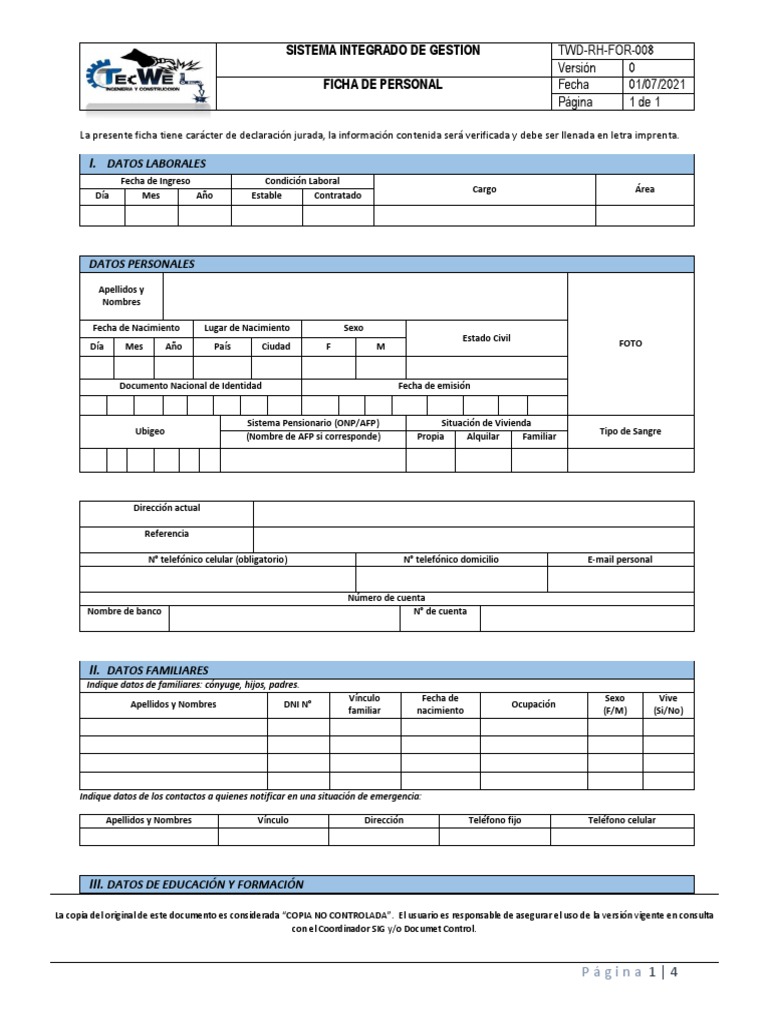 Datos Laborales: Sistema Integrado de Gestion Ficha de Personal | PDF ...