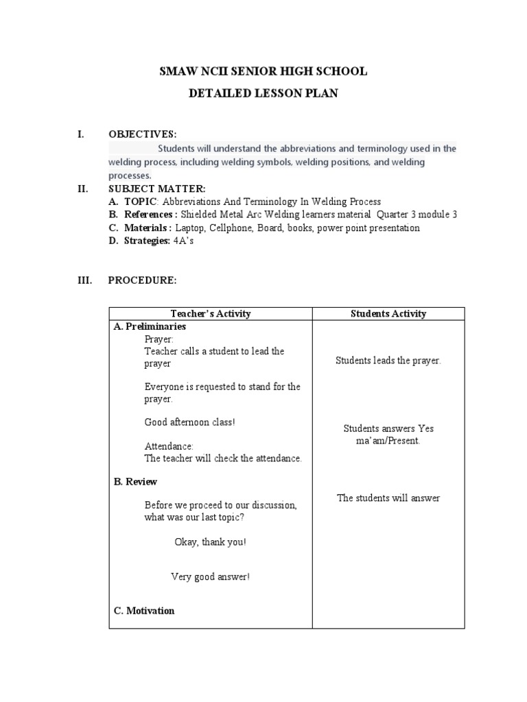 SMAW NCII SENIOR HIGH SCHOOL LESSON PLAN | PDF | Soldering | Construction