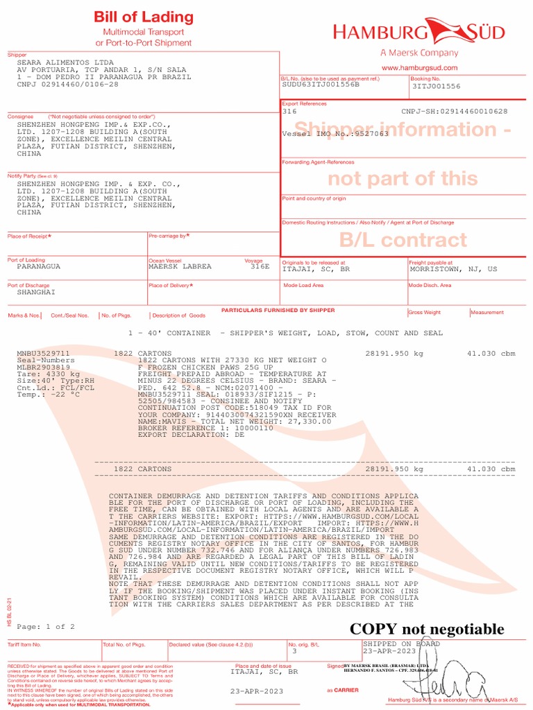COPY Not Negotiable: by Maersk Brasil (Brasmar) Ltda HERNANDO F. SANTOS ...