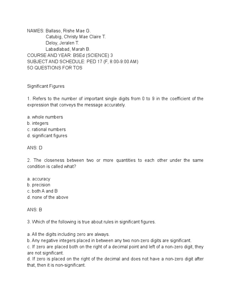 Ped 17 - Questions For Tos | PDF | Significant Figures | Numbers