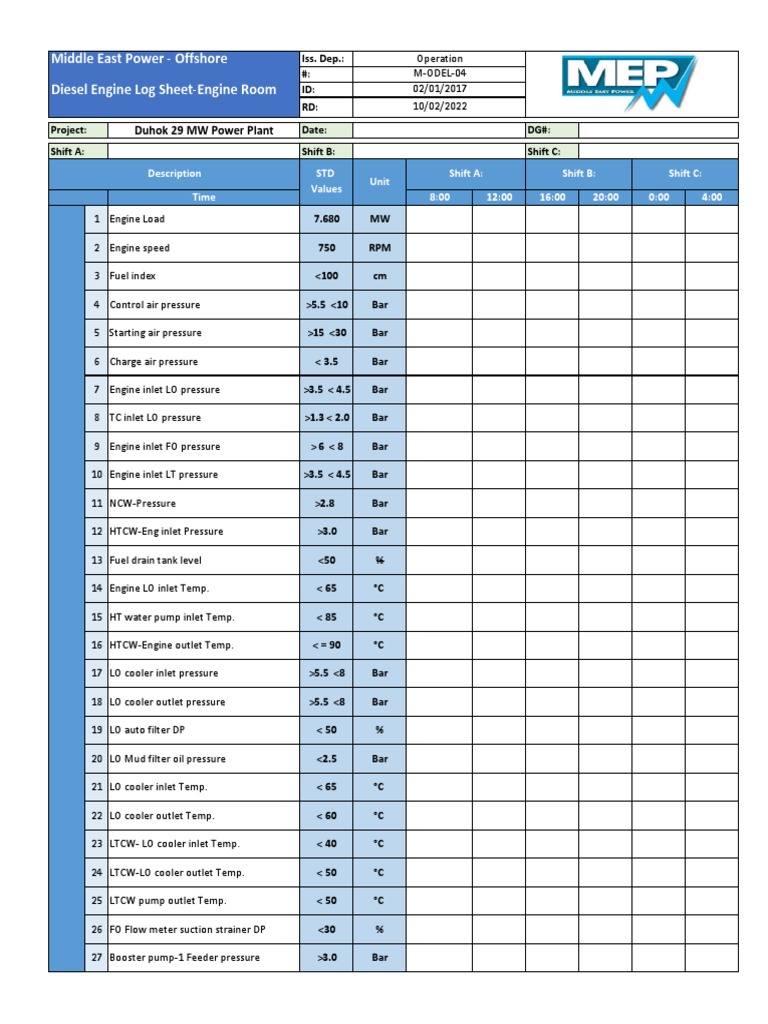 Middle East Power - Offshore Diesel Engine Log Sheet-Engine Room | PDF ...