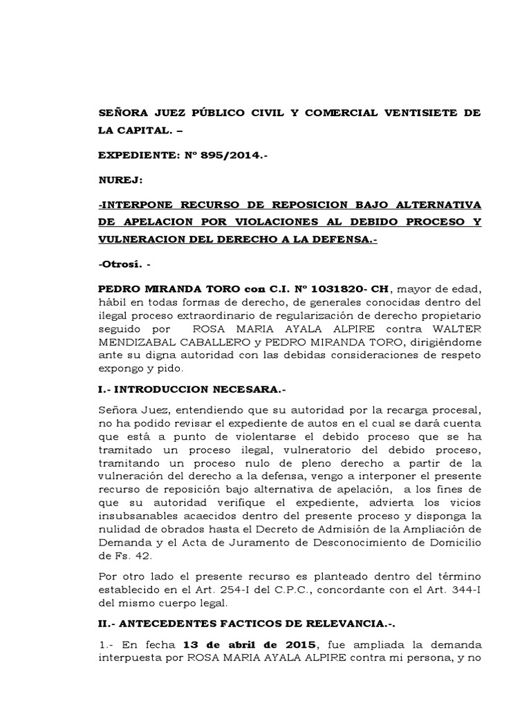 RECURSO DE REPOSICION - Bolivia | PDF | Debido al proceso | Ley procesal