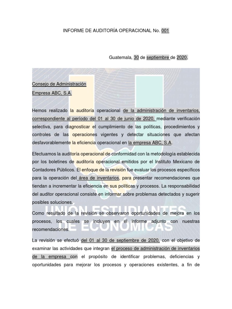 Informe de Auditoría Operacional Inventarios | PDF | Auditoría | Contralor