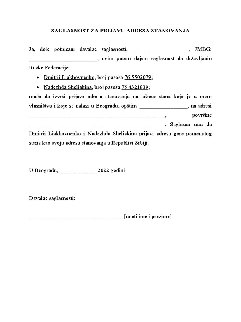 Saglasnost Za Prijavu Adresa Stanovanja | PDF