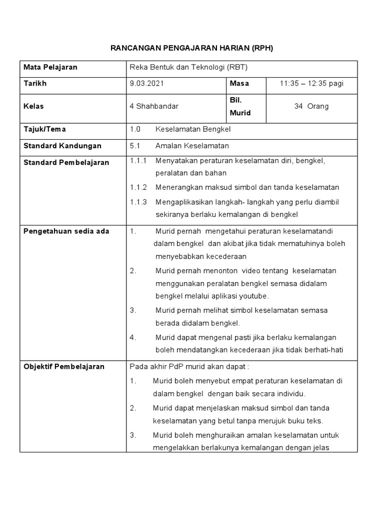 Rancangan Pengajaran Harian (RPH) Mata Pelajaran Tarikh Masa Kelas Bil ...