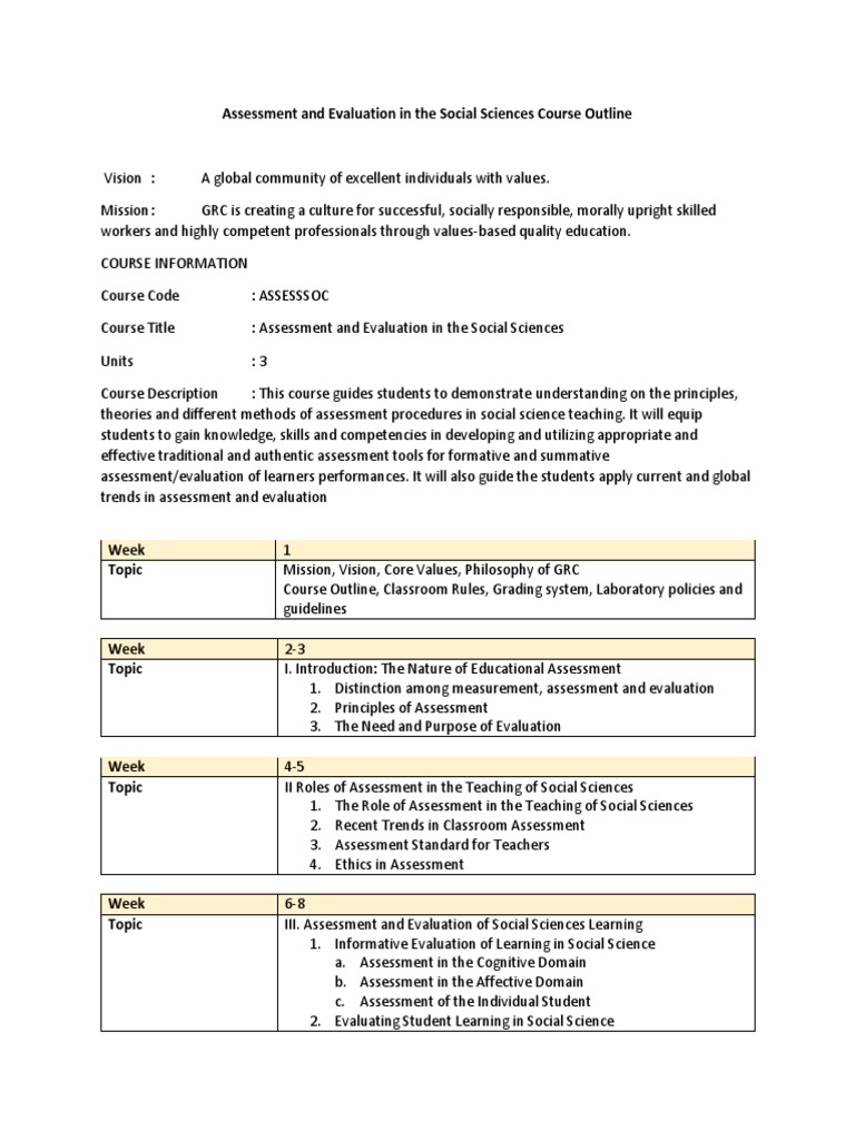 Assessment and Evaluation in The Social Sciences Course Outline ...
