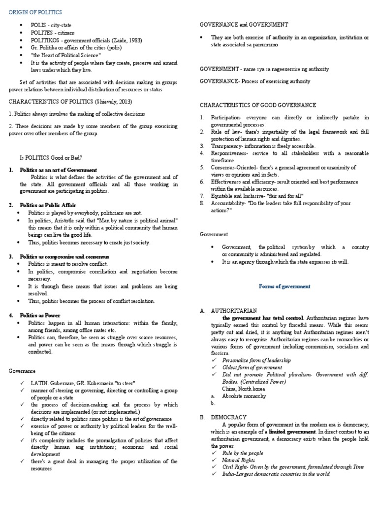Origin and Types of Politics in 40 Characters | PDF | Democracy ...