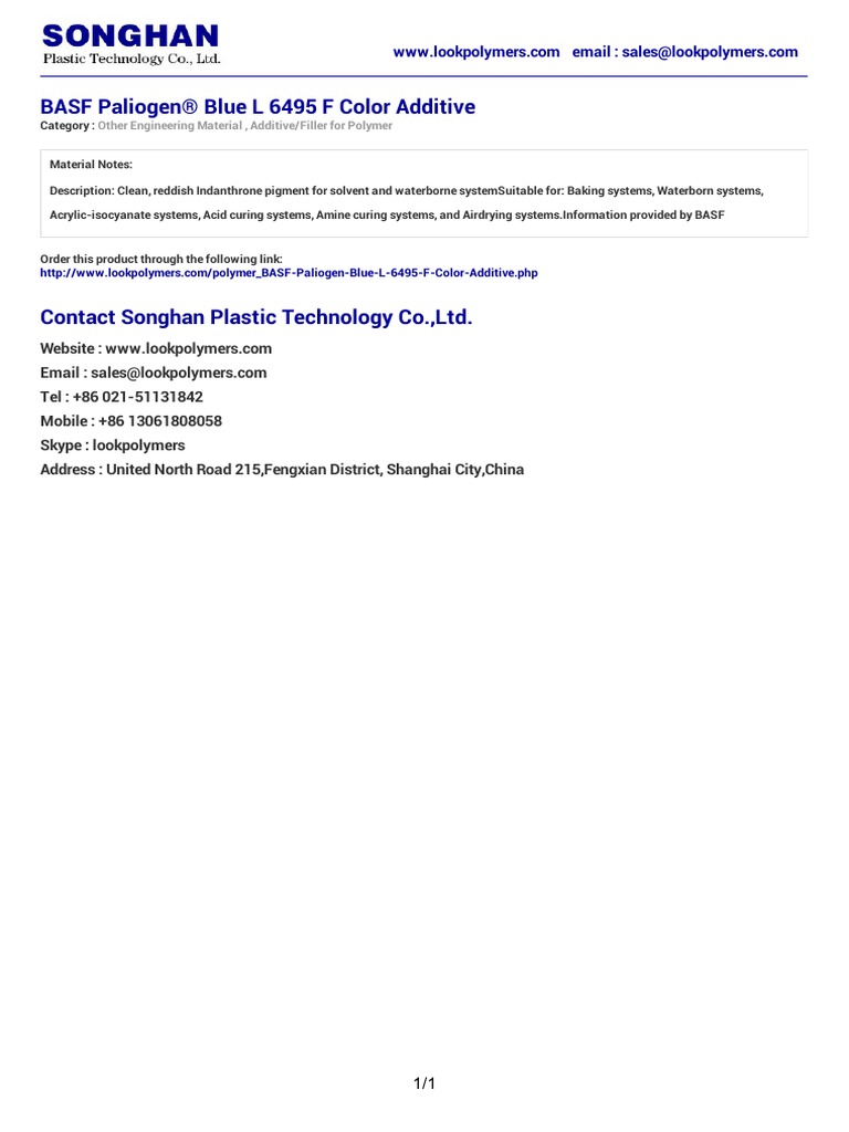 BASF Paliogen Blue L 6495 F Color Additive | PDF