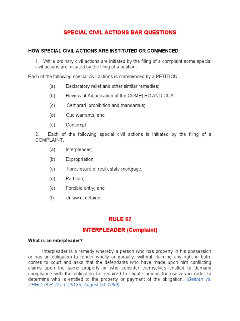 Special Civil Actions Bar Questions | PDF